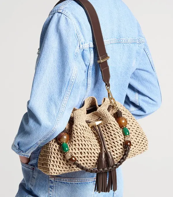 JIMMY CHOO Medium Raffia Crochet Bucket Bag With Beaded Embellishments