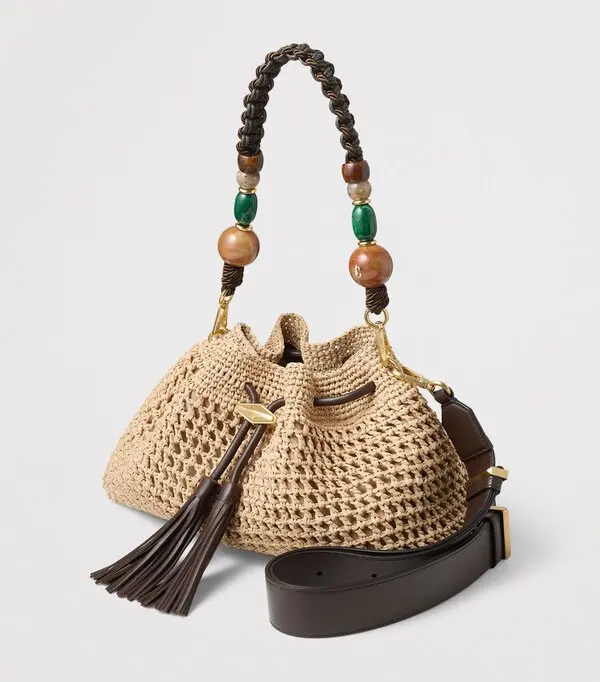 JIMMY CHOO Medium Raffia Crochet Bucket Bag With Beaded Embellishments