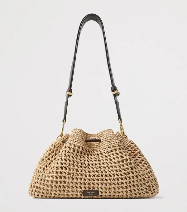JIMMY CHOO Medium Raffia Crochet Bucket Bag With Beaded Embellishments
