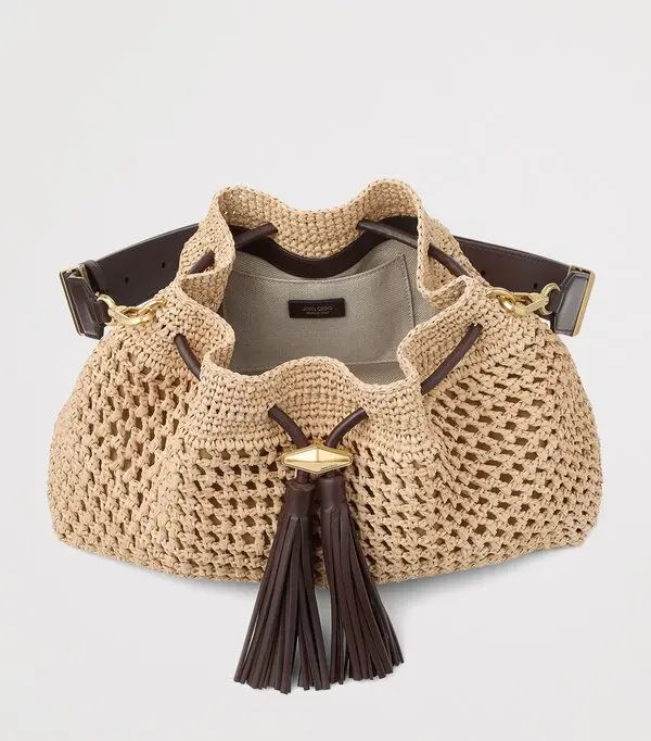 JIMMY CHOO Medium Raffia Crochet Bucket Bag With Beaded Embellishments