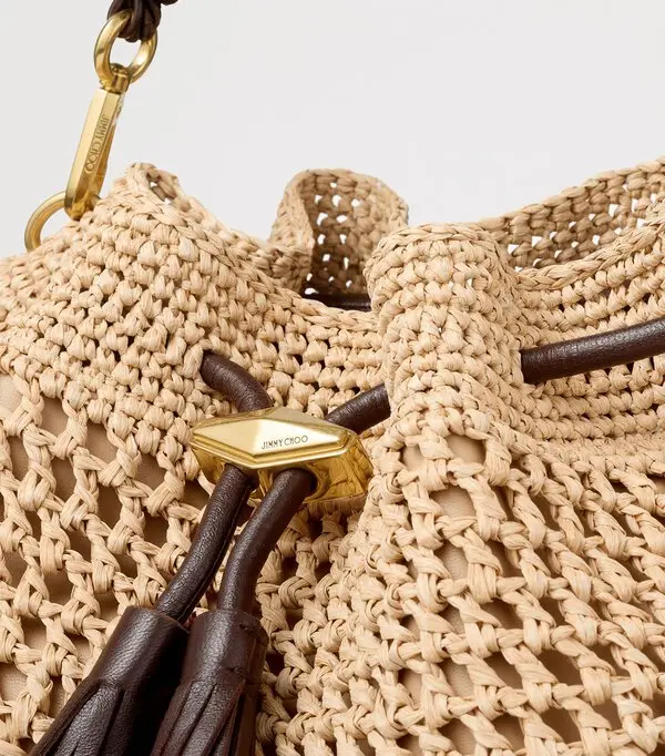 JIMMY CHOO Medium Raffia Crochet Bucket Bag With Beaded Embellishments