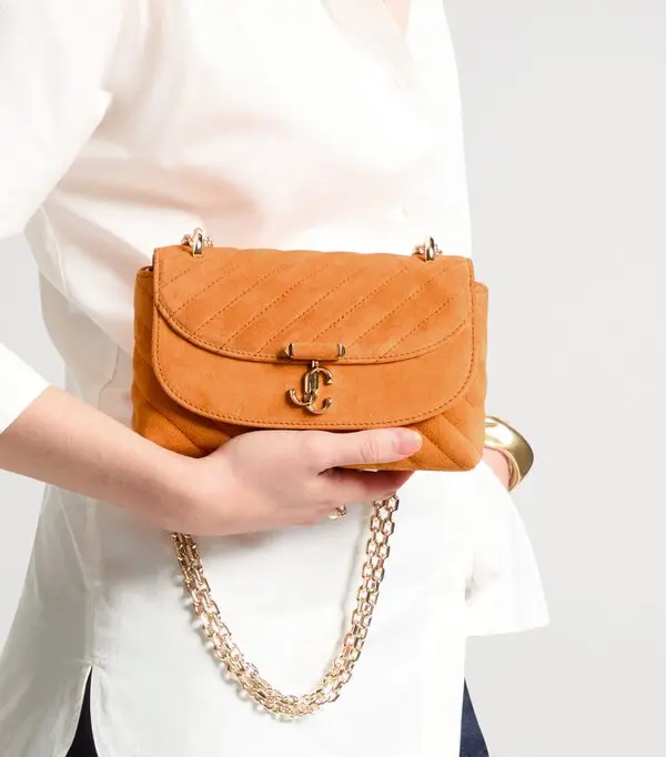JIMMY CHOO Small Quilted Suede Curve Cross-body Bag - Orange
