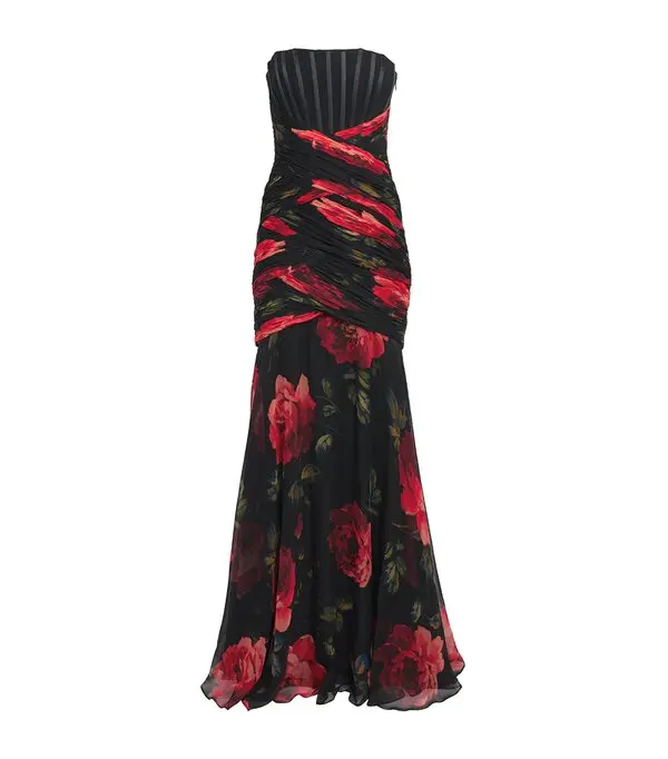 Carolina Herrera Silk Chiffon Floral Bustier Gown - Black