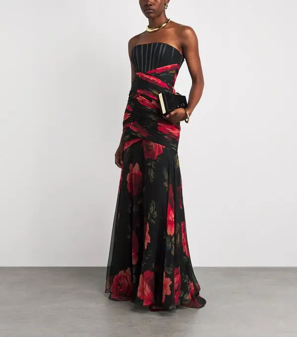 Carolina Herrera Silk Chiffon Floral Bustier Gown - Black