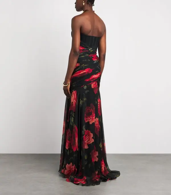Carolina Herrera Silk Chiffon Floral Bustier Gown - Black