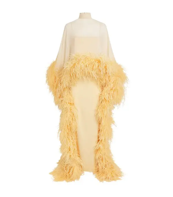 TALLER MARMO Silk Crepe Chiffon Kaftan Maxi Dress With Ostrich Feather Trim - Beige
