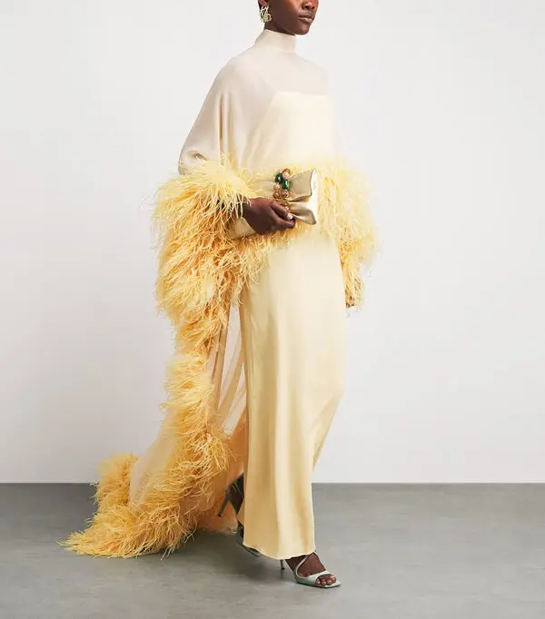 TALLER MARMO Silk Crepe Chiffon Kaftan Maxi Dress With Ostrich Feather Trim