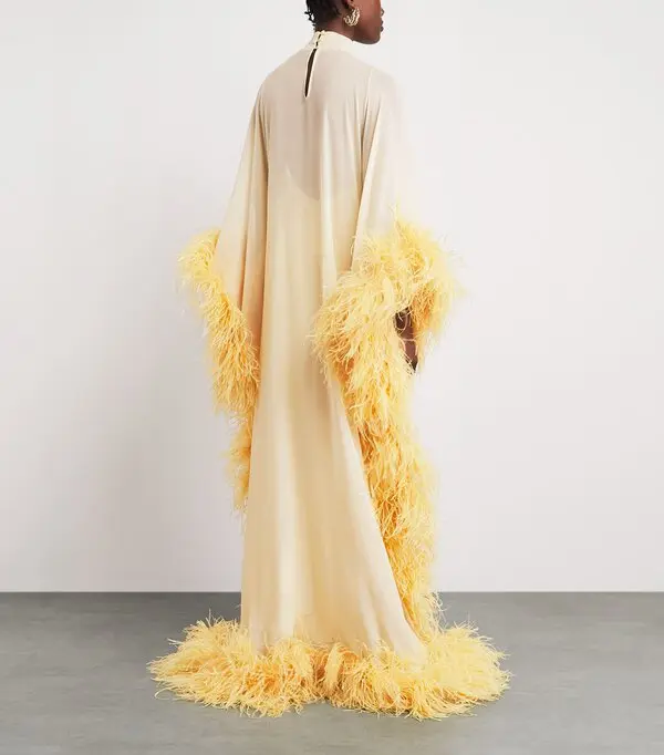 TALLER MARMO Silk Crepe Chiffon Kaftan Maxi Dress With Ostrich Feather Trim