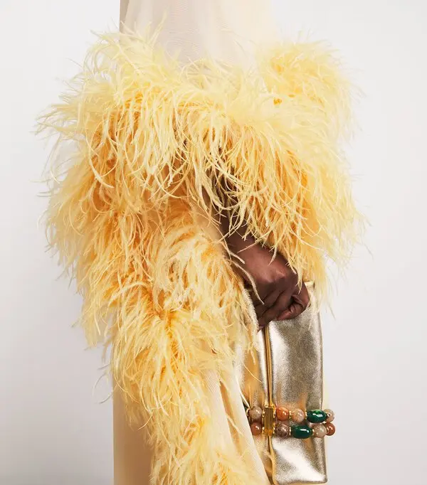 TALLER MARMO Silk Crepe Chiffon Kaftan Maxi Dress With Ostrich Feather Trim