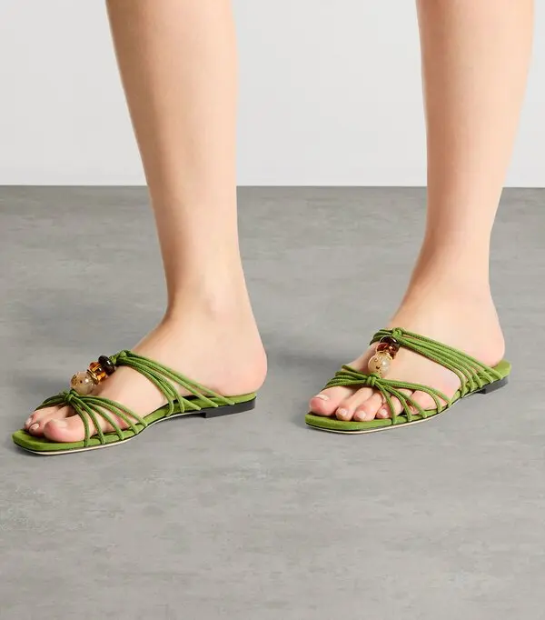 JIMMY CHOO Lova Suede Flat Sandals With Beaded Straps - Green
