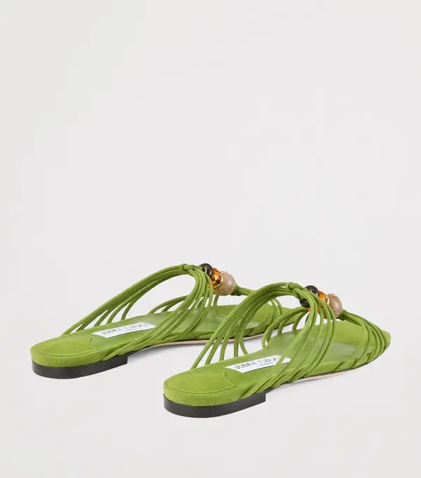 JIMMY CHOO Lova Suede Flat Sandals With Beaded Straps - Green