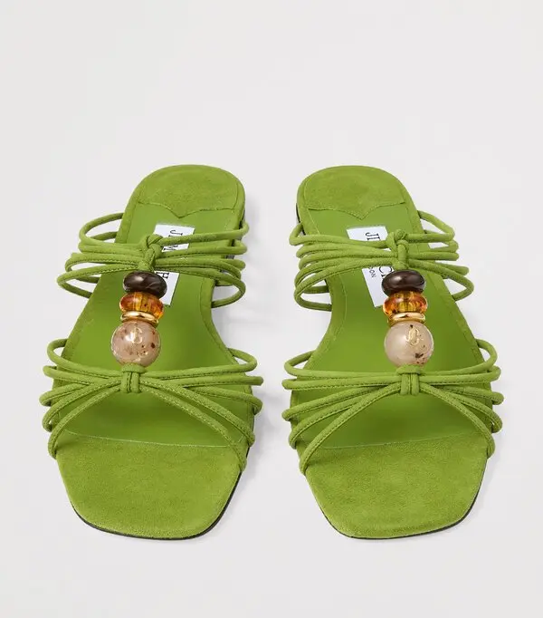 JIMMY CHOO Lova Suede Flat Sandals With Beaded Straps - Green