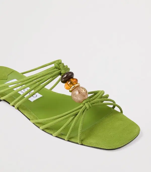 JIMMY CHOO Lova Suede Flat Sandals With Beaded Straps - Green