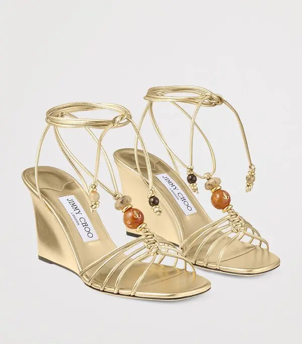 JIMMY CHOO Lova 85 Metallic Leather Wedge Sandals With Beaded Embellishments