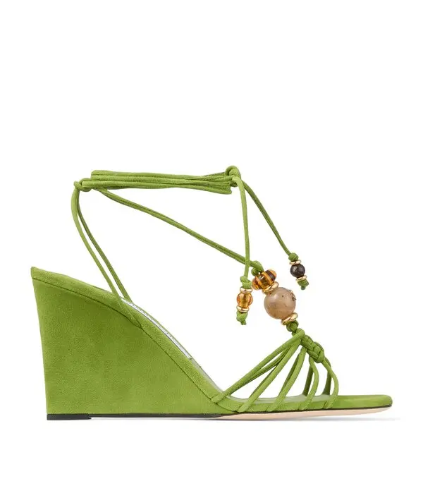 JIMMY CHOO Lova 85 Suede Wedge Sandals With Beaded Detailing - Green