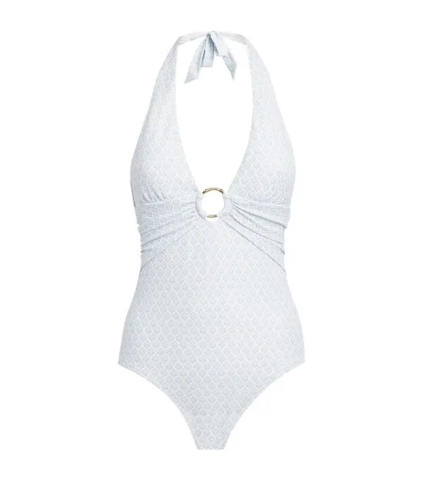 Heidi Klein Halterneck Elba Swimsuit With Foliate Motif - Blue