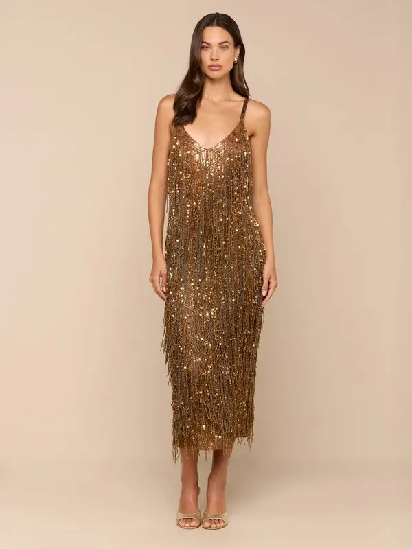 L'Agence Noella Sequin Fringe Midi Dress - Antique Gold