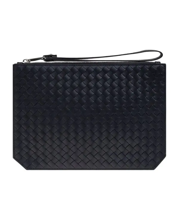 Bottega Veneta Woven Leather Zippered Clutch - Black