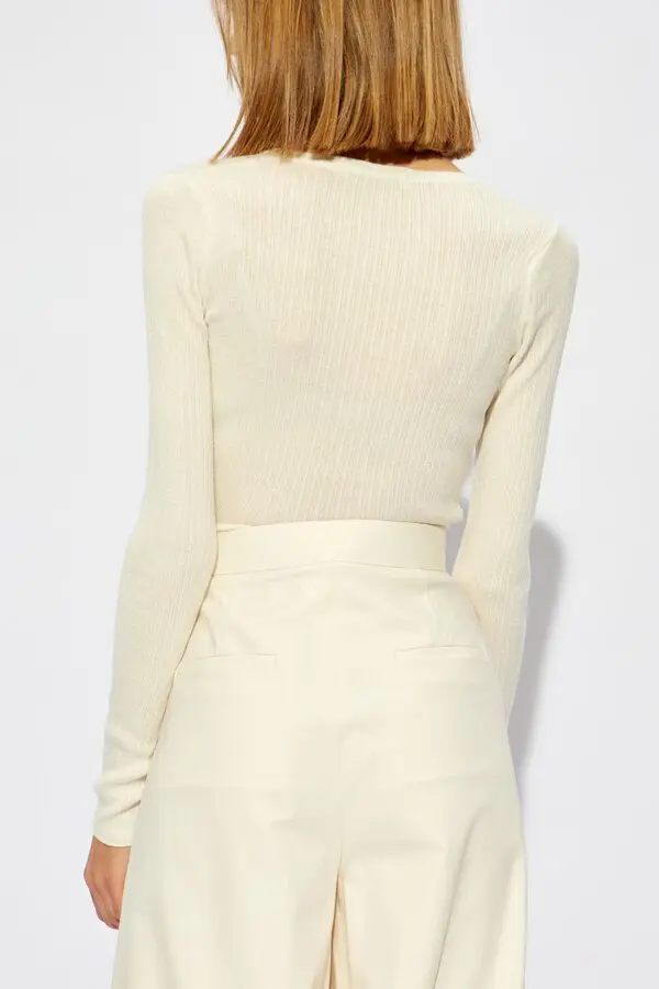 Max Mara V-neck Ribbed-knit Long-sleeve Top With Stripe Detail