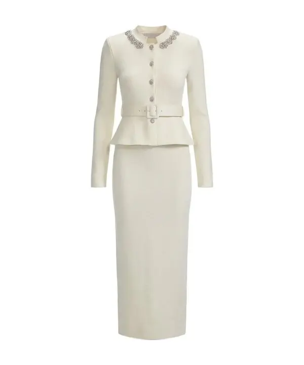 SELF-PORTRAIT Embellished Belted Midi Dress - Nude