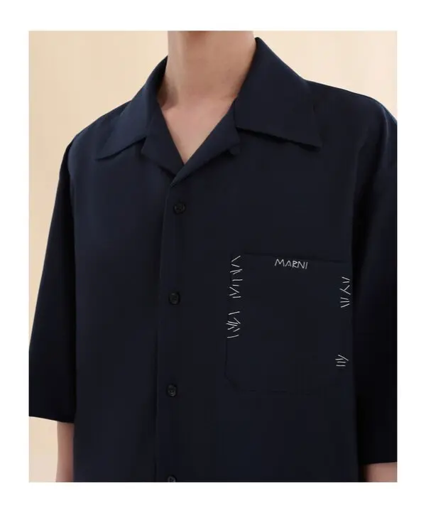 Marni Deep Blue Tropical Wool Bowling Shirt With Mending