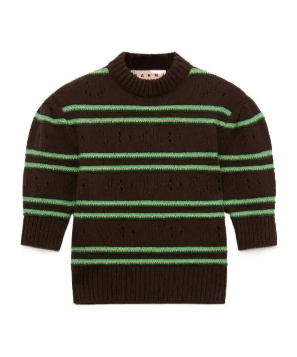 Marni Short-sleeved Openwork Knit Sweater With Horizontal Stripes - Brown