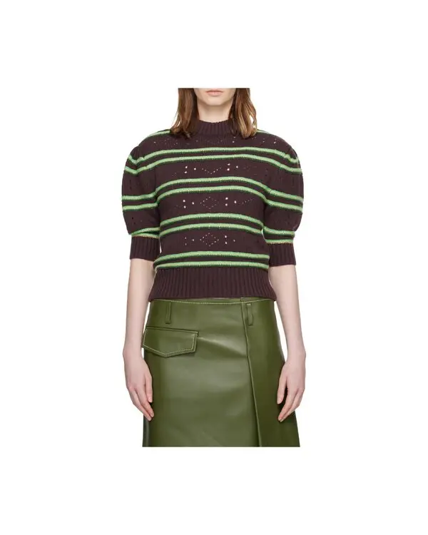Marni Short-sleeved Openwork Knit Sweater With Horizontal Stripes - Brown