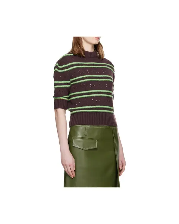 Marni Short-sleeved Openwork Knit Sweater With Horizontal Stripes - Brown