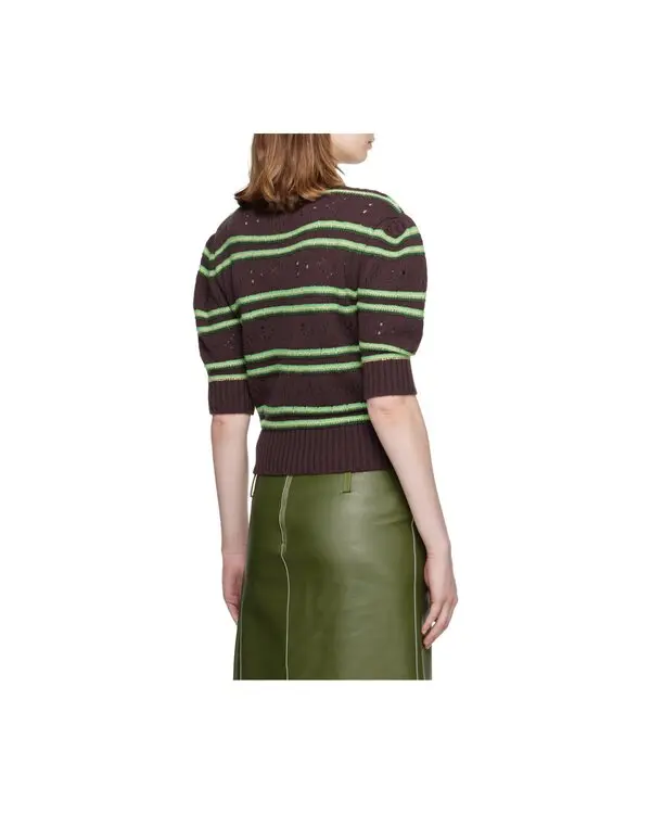 Marni Short-sleeved Openwork Knit Sweater With Horizontal Stripes - Brown