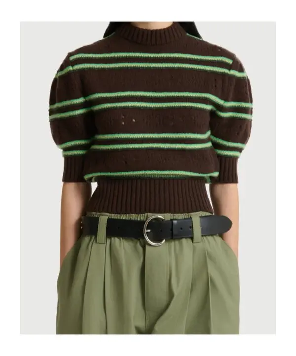 Marni Short-sleeved Openwork Knit Sweater With Horizontal Stripes - Brown