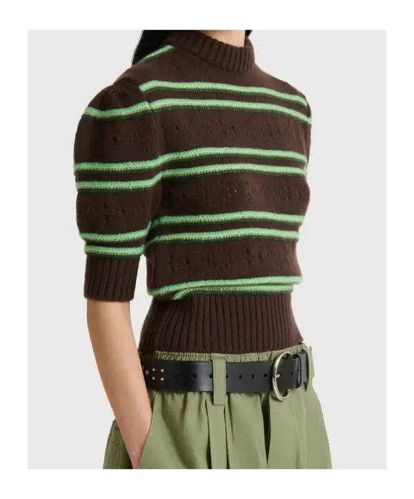 Marni Short-sleeved Openwork Knit Sweater With Horizontal Stripes - Brown
