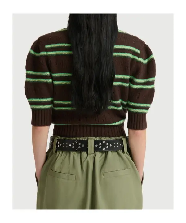 Marni Short-sleeved Openwork Knit Sweater With Horizontal Stripes - Brown