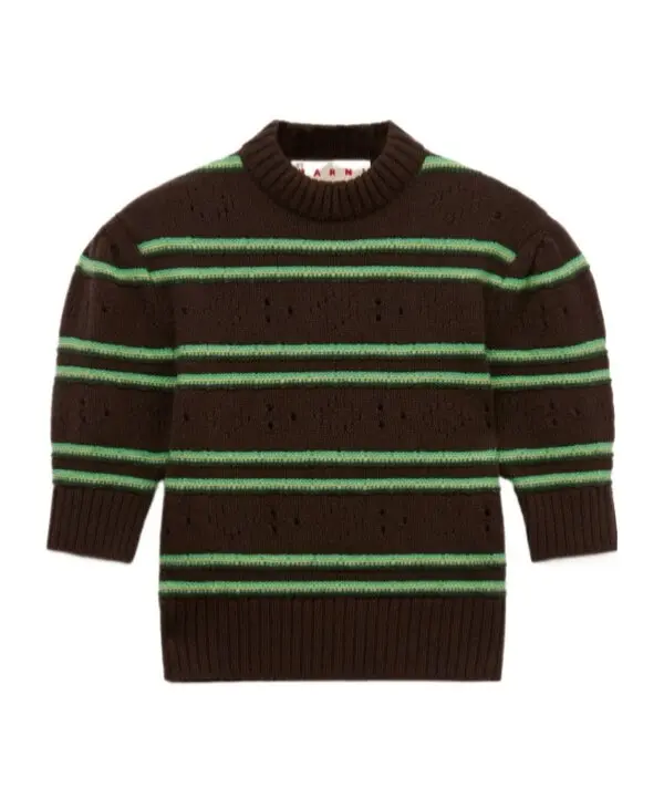 Marni Short-sleeved Openwork Knit Sweater With Horizontal Stripes - Brown