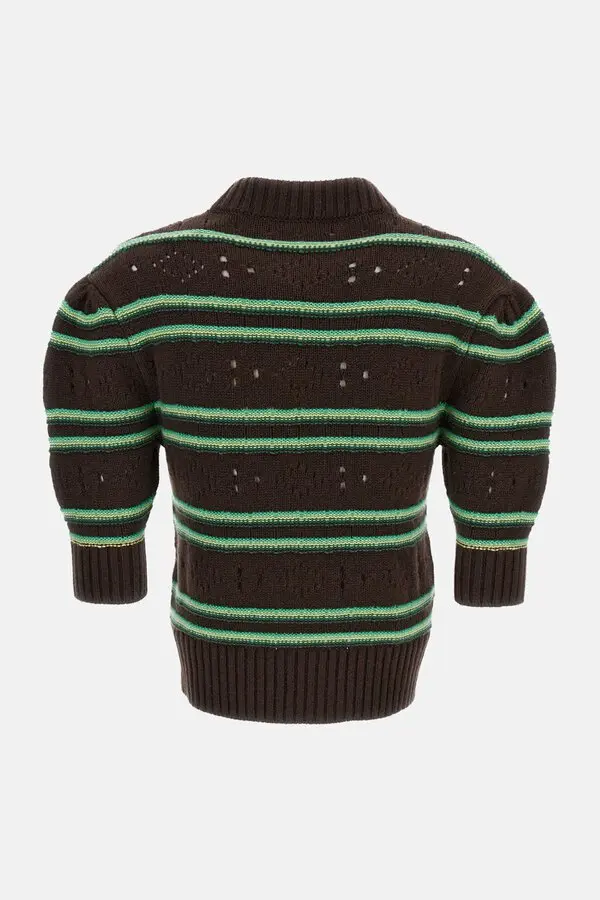 Marni Short-sleeved Openwork Knit Sweater With Horizontal Stripes - Brown