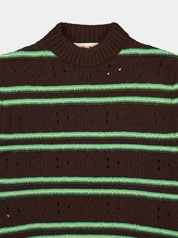 Marni Short-sleeved Openwork Knit Sweater With Horizontal Stripes - Brown