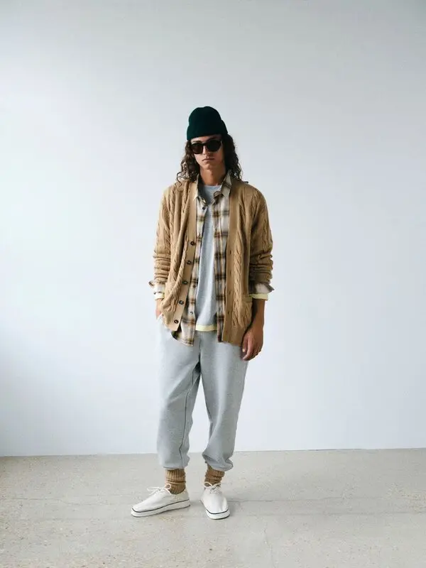 AMI Paris Camel Cable Stitch V-neck Cardigan