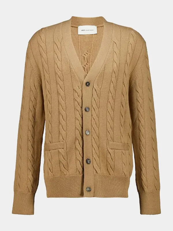 AMI Paris Camel Cable Stitch V-neck Cardigan