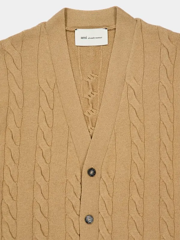 AMI Paris Camel Cable Stitch V-neck Cardigan