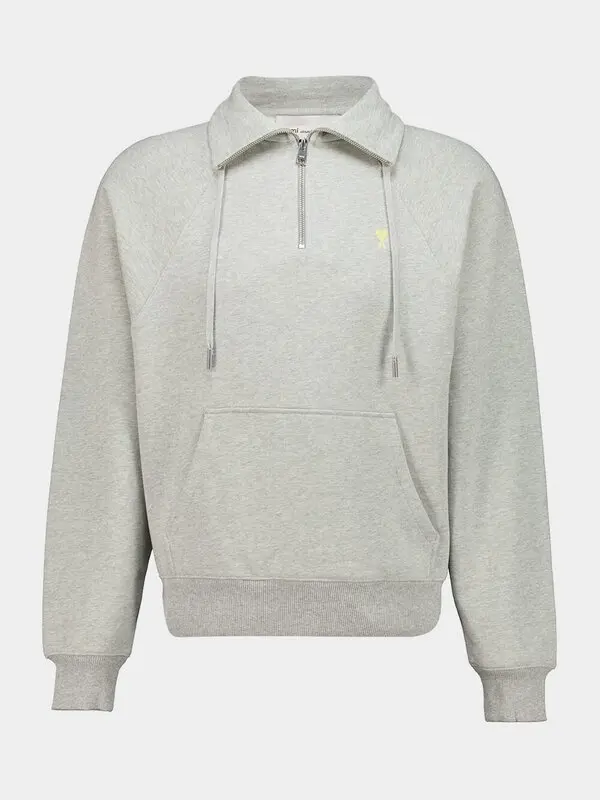 AMI Paris Cotton Half-zip Sweatshirt With De Coeur Embroidery - Grey