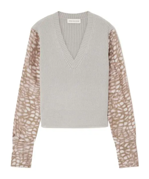 Dries Van Noten Ribbed-knit And Printed Satin Sweater - Light Gray