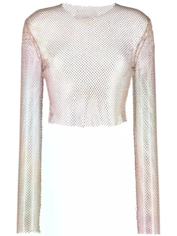 GENNY Rhinestone Mesh Cropped Blouse - Neutrals