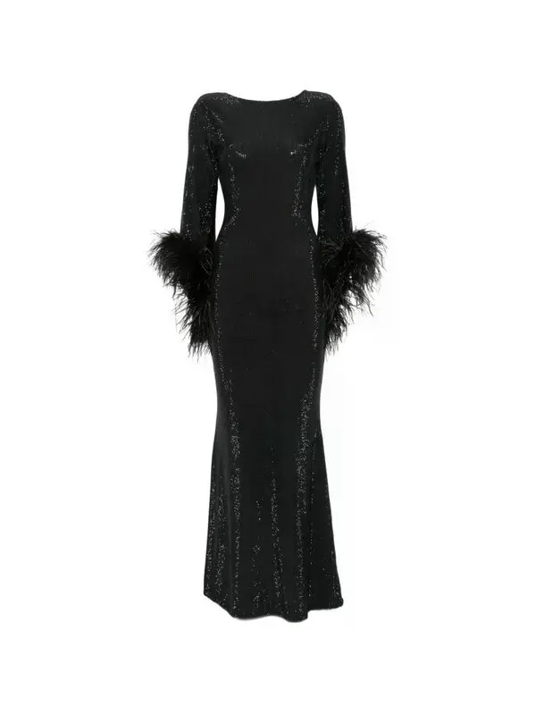 MIRON Crystal Embellished Feather Trim Dress