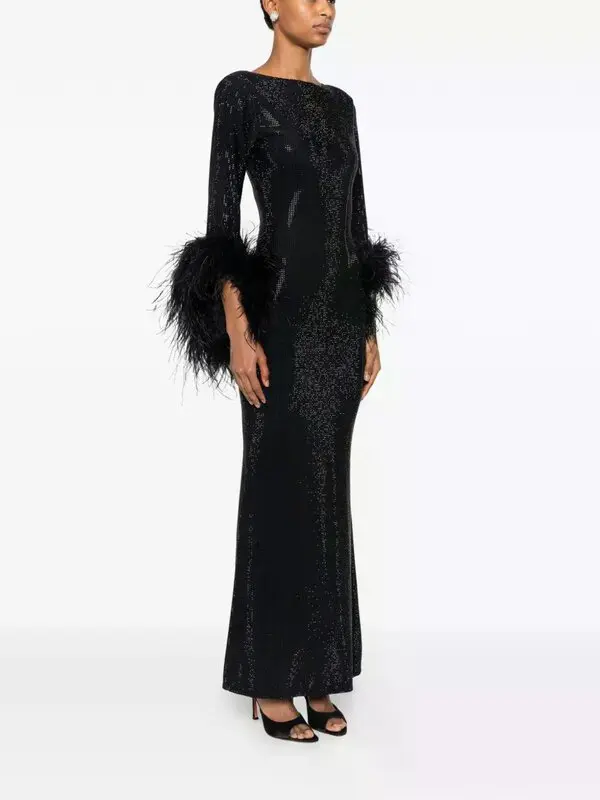 MIRON Crystal Embellished Feather Trim Dress