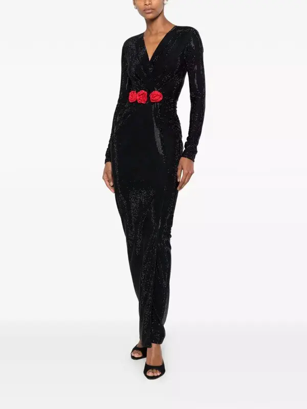 MIRON V-neck Floral Appliqué Maxi Dress