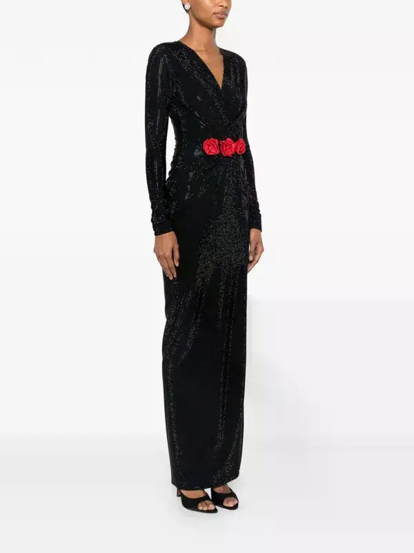 MIRON V-neck Floral Appliqué Maxi Dress