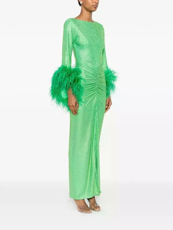 MIRON Crystal-embellished Feather-trim Maxi Dress
