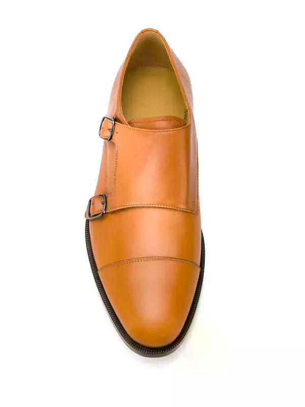 SCAROSSO Cognac Leather Monk Strap Shoes With Brogue Detailing