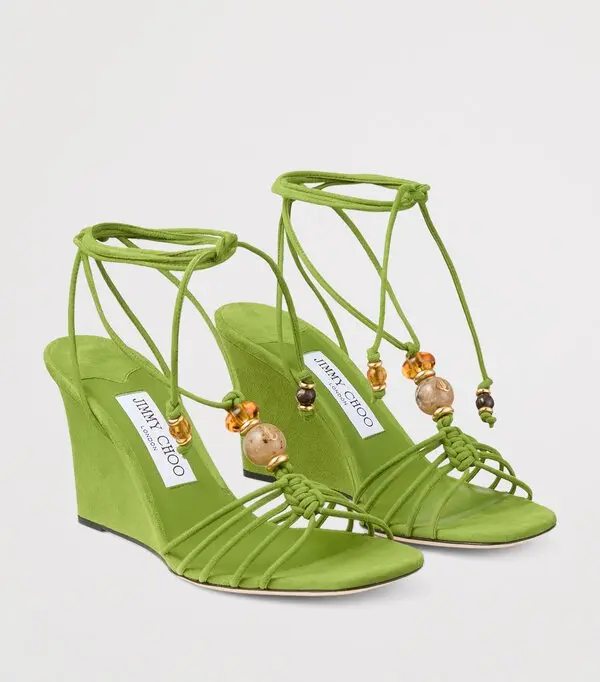 JIMMY CHOO Lova 85 Suede Wedge Sandals With Beaded Detailing - Green