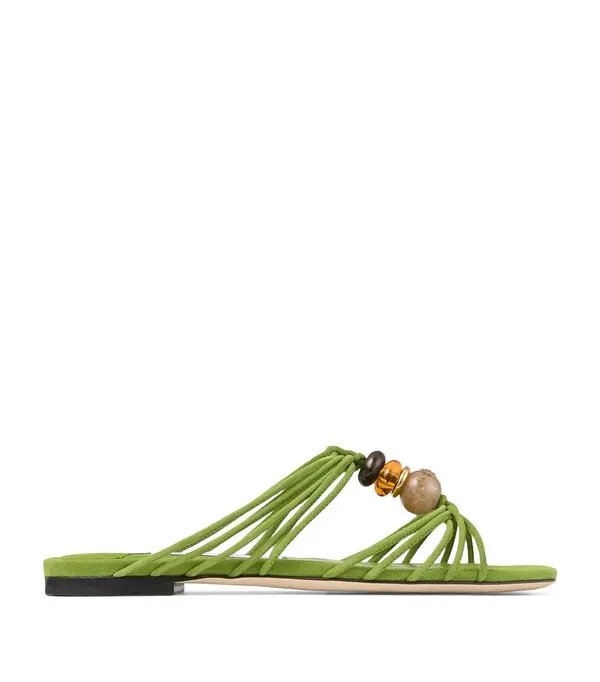 JIMMY CHOO Lova Suede Flat Sandals With Beaded Straps - Green