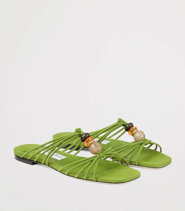 JIMMY CHOO Lova Suede Flat Sandals With Beaded Straps - Green